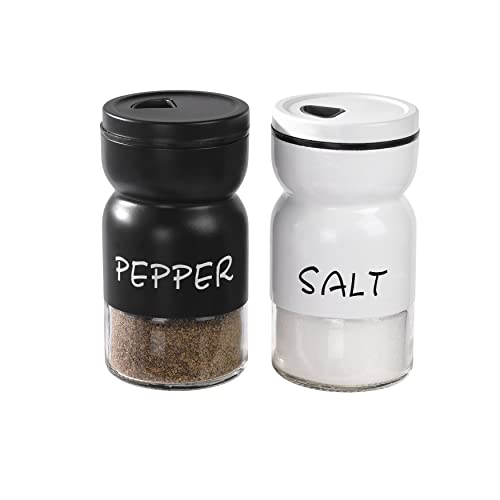 Wartter Farmhouse Salt and Pepper Shakers Set with Adjustable Lids, Cute Shaker Set with White Black Stainless Steel Lids