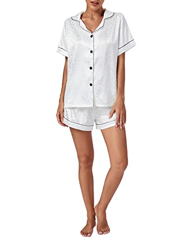 Vrtige Women's Silk Satin Pajamas Leopard Print Button Down Short Sleeve and Shorts Pj Sets White Small