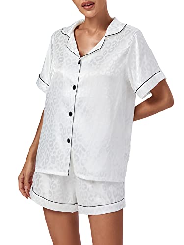 Vrtige Women's Silk Satin Pajamas Leopard Print Button Down Short Sleeve and Shorts Pj Sets White Small