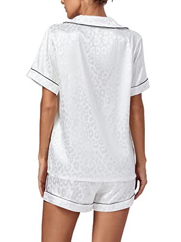 Vrtige Women's Silk Satin Pajamas Leopard Print Button Down Short Sleeve and Shorts Pj Sets White Small