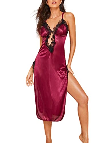 LYANER Women's Sexy Lingerie Nightgown Lace Chemise High Slit Dress Babydoll Sleepwear Wine Red Medium