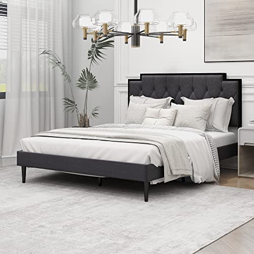 AGARTT Upholstered Platform Queen Size Bed Frame with Headboard Premium Stable Wood Slat Support No Box Spring Required Graphite