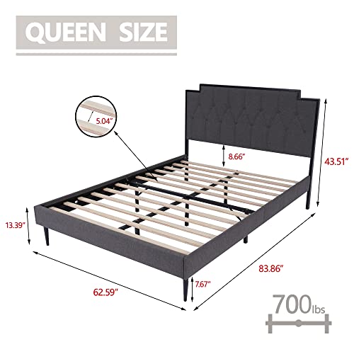 AGARTT Upholstered Platform Queen Size Bed Frame with Headboard Premium Stable Wood Slat Support No Box Spring Required Graphite