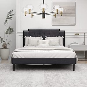 AGARTT Upholstered Platform Queen Size Bed Frame with Headboard Premium Stable Wood Slat Support No Box Spring Required Graphite