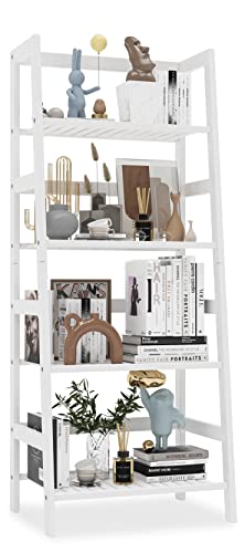 Aomedeelf Bookshelf, 4-Tier Ladder Shelf, 49.2" Free Standing Bookcase, Bamboo Shelf Ladder Bookshelf for Living Room, Bedroom, Bathroom, White