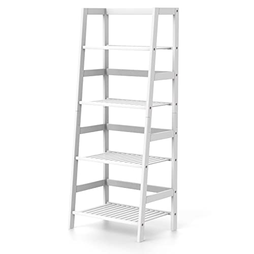 Aomedeelf Bookshelf, 4-Tier Ladder Shelf, 49.2" Free Standing Bookcase, Bamboo Shelf Ladder Bookshelf for Living Room, Bedroom, Bathroom, White