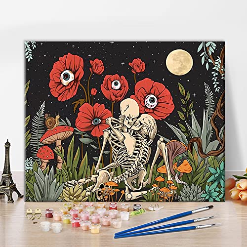 TISHIRON Skull Oil Hand Painting Moon Garden DIY Paint by Numbers for Adults Beginner Drawing with Brushes Living Room Bedroom Decor Gifts for Home Decorations 16x20inch