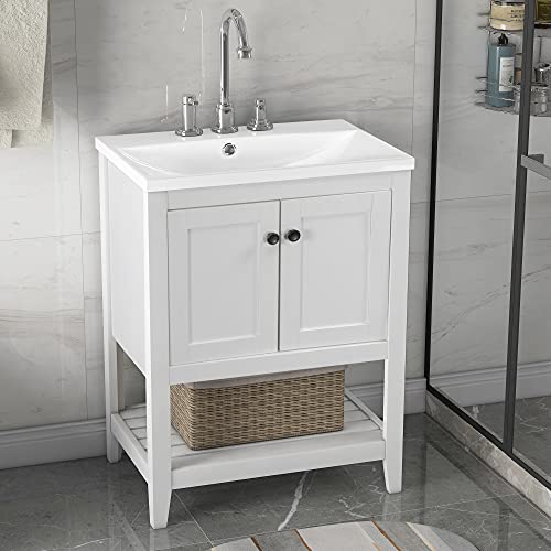 P PURLOVE 24" Bathroom Vanity with Sink, Bathroom Storage Cabinet with Doors and Open Shelf, Modern Wood Cabinet Basin Vessel Sink Set,Solid Wood Frame, Ceramic Sink, White