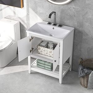 P PURLOVE 24" Bathroom Vanity with Sink, Bathroom Storage Cabinet with Doors and Open Shelf, Modern Wood Cabinet Basin Vessel Sink Set,Solid Wood Frame, Ceramic Sink, White