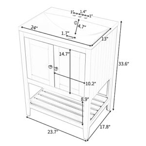 P PURLOVE 24" Bathroom Vanity with Sink, Bathroom Storage Cabinet with Doors and Open Shelf, Modern Wood Cabinet Basin Vessel Sink Set,Solid Wood Frame, Ceramic Sink, White