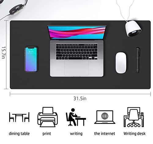 Desk Mat Large Protector Pad - Multifunctional Dual-Sided Office Desk Pad,Smooth Surface Soft Mouse Pad, Waterproof Desk Mat for Desktop, Pu Leather Desk Cover for Office/Home(Black, 31.5" x 15.7")