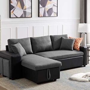 UBGO Upholstery Living Room Furniture Sets,Modular Sleeper, L-Shaped, Reversible Bed,Sectional Sofa with Storage and 2 stools Steel,Gray, Grey 3-seat Chaise Longue