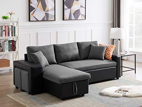 UBGO Upholstery Living Room Furniture Sets,Modular Sleeper, L-Shaped, Reversible Bed,Sectional Sofa with Storage and 2 stools Steel,Gray, Grey 3-seat Chaise Longue