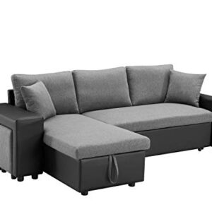 UBGO Upholstery Living Room Furniture Sets,Modular Sleeper, L-Shaped, Reversible Bed,Sectional Sofa with Storage and 2 stools Steel,Gray, Grey 3-seat Chaise Longue