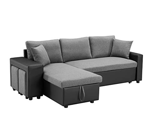 UBGO Upholstery Living Room Furniture Sets,Modular Sleeper, L-Shaped, Reversible Bed,Sectional Sofa with Storage and 2 stools Steel,Gray, Grey 3-seat Chaise Longue