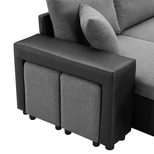 UBGO Upholstery Living Room Furniture Sets,Modular Sleeper, L-Shaped, Reversible Bed,Sectional Sofa with Storage and 2 stools Steel,Gray, Grey 3-seat Chaise Longue