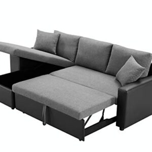 UBGO Upholstery Living Room Furniture Sets,Modular Sleeper, L-Shaped, Reversible Bed,Sectional Sofa with Storage and 2 stools Steel,Gray, Grey 3-seat Chaise Longue