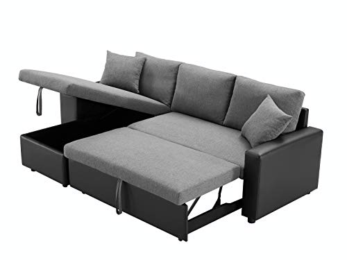 UBGO Upholstery Living Room Furniture Sets,Modular Sleeper, L-Shaped, Reversible Bed,Sectional Sofa with Storage and 2 stools Steel,Gray, Grey 3-seat Chaise Longue