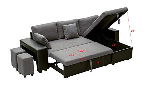 UBGO Upholstery Living Room Furniture Sets,Modular Sleeper, L-Shaped, Reversible Bed,Sectional Sofa with Storage and 2 stools Steel,Gray, Grey 3-seat Chaise Longue