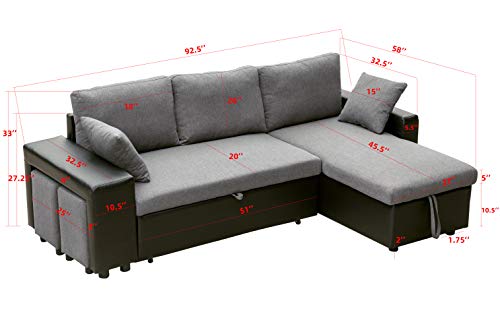 UBGO Upholstery Living Room Furniture Sets,Modular Sleeper, L-Shaped, Reversible Bed,Sectional Sofa with Storage and 2 stools Steel,Gray, Grey 3-seat Chaise Longue