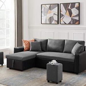 UBGO Upholstery Living Room Furniture Sets,Modular Sleeper, L-Shaped, Reversible Bed,Sectional Sofa with Storage and 2 stools Steel,Gray, Grey 3-seat Chaise Longue