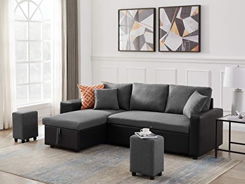 UBGO Upholstery Living Room Furniture Sets,Modular Sleeper, L-Shaped, Reversible Bed,Sectional Sofa with Storage and 2 stools Steel,Gray, Grey 3-seat Chaise Longue