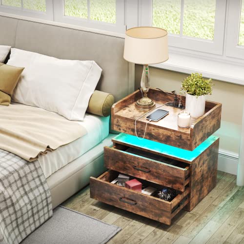 TC-HOMENY LED Nightstand with Voice-Activated Mode, End Table with Charging Station for Bedroom Furniture, Side Bed Table with 2 Drawers (Brown)