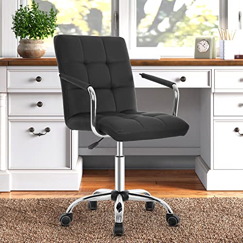 PayLessHere Home Office Desk Chair PU Leather Makeup Chair Vanity Chair with Armrest/Wheel 360°Swivel Height Adjustable Home Chairs for Office Makeup Room (Black)