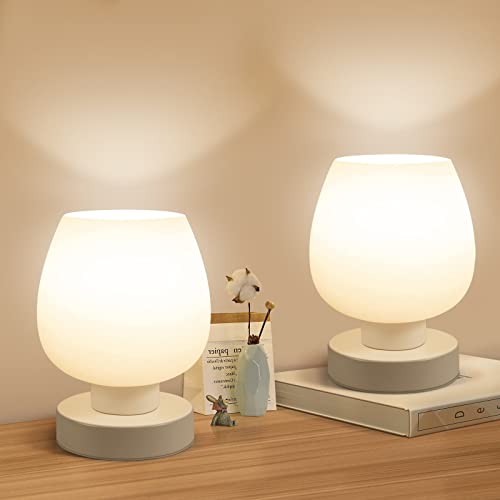 Touch Bedside Table Lamp Set of 2 - Small Modern, 3-Way Dimable Desk lamp with White Opal Glass Lamp Shade, 3000K LED Bulb, Simple Design Home Décor for Bedroom Living Room Nightstand