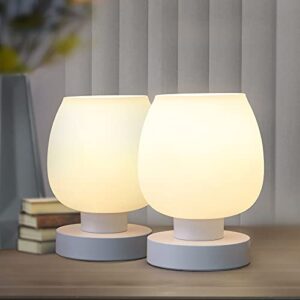 Touch Bedside Table Lamp Set of 2 - Small Modern, 3-Way Dimable Desk lamp with White Opal Glass Lamp Shade, 3000K LED Bulb, Simple Design Home Décor for Bedroom Living Room Nightstand