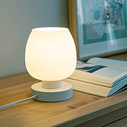 Touch Bedside Table Lamp Set of 2 - Small Modern, 3-Way Dimable Desk lamp with White Opal Glass Lamp Shade, 3000K LED Bulb, Simple Design Home Décor for Bedroom Living Room Nightstand