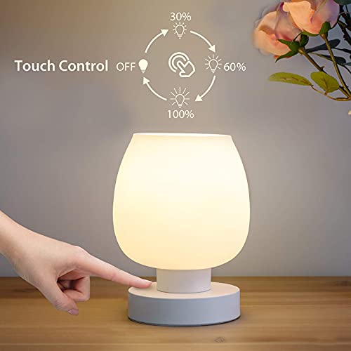 Touch Bedside Table Lamp Set of 2 - Small Modern, 3-Way Dimable Desk lamp with White Opal Glass Lamp Shade, 3000K LED Bulb, Simple Design Home Décor for Bedroom Living Room Nightstand