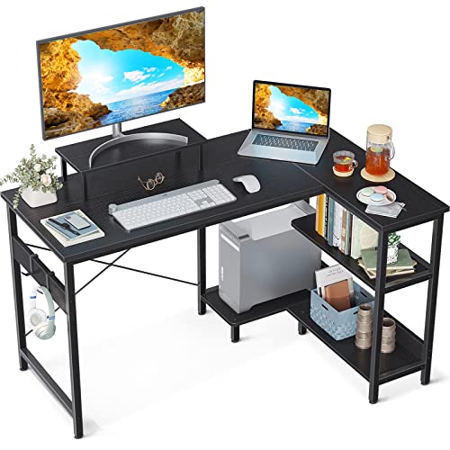 ODK Small L Shaped Computer Desk with Reversible Storage Shelves, 40 Inch L-Shaped Corner Desk with Monitor Stand for Small Space, Modern Simple Writing Study Table for Home Office Workstation, Black