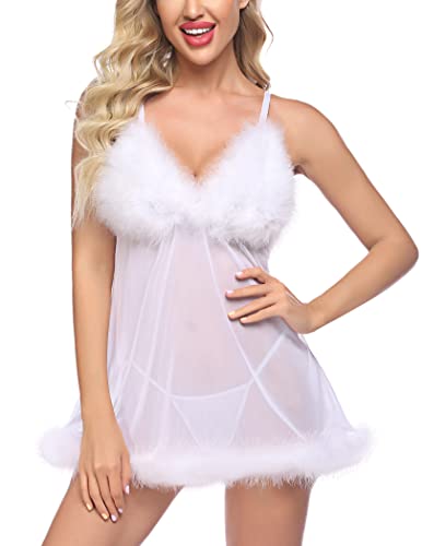 Avidlove Sexy Lingerie for Women Naughty Christmas Babydoll Dress Lace Chemise Sleepwear White