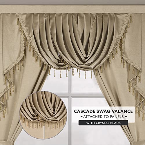 Regal Home Collections Regency 5-Piece Beaded Window Curtains - 50in W x 84in L Curtain Panels with Beaded Waterfall Valance and 2 Tiebacks - Bedroom Curtains - Living Room Curtains (Gold)