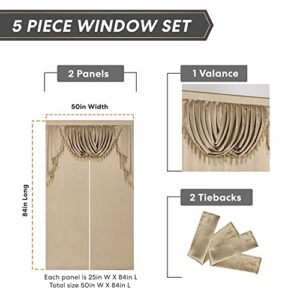 Regal Home Collections Regency 5-Piece Beaded Window Curtains - 50in W x 84in L Curtain Panels with Beaded Waterfall Valance and 2 Tiebacks - Bedroom Curtains - Living Room Curtains (Gold)