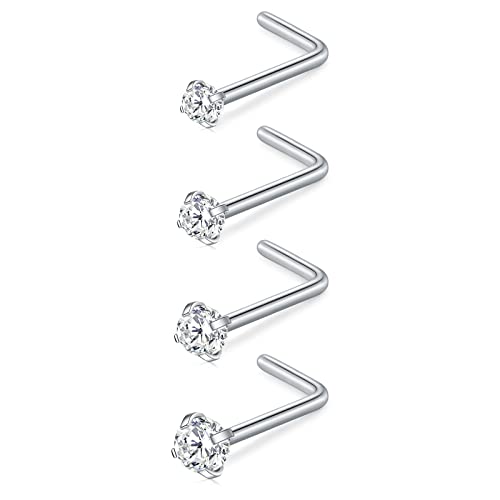 D.Bella 18G L Shaped Nose Studs Surgical Stainless Steel 1.5mm 2mm 2.5mm 3mm Clear Round Diamond CZ Nose Rings Studs Silver Nose Rings for Women Nose Nostril Piercing Jewerly