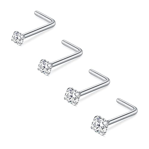 D.Bella 18G L Shaped Nose Studs Surgical Stainless Steel 1.5mm 2mm 2.5mm 3mm Clear Round Diamond CZ Nose Rings Studs Silver Nose Rings for Women Nose Nostril Piercing Jewerly