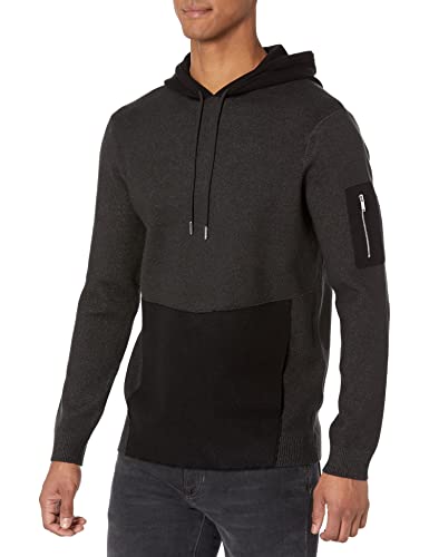 Karl Lagerfeld Paris Men's Soft Color Block Sweater Hoodie, Black/Charcoal, Large