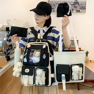 LIK EPOCH Kawaii Backpack 5Pcs Set Aesthetic Backpack 17in Preppy Backpacks with Badge&Pendant,Shoulder Bag,Pencil Box,Tote Bag,Lucky Bag(Black)