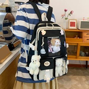 LIK EPOCH Kawaii Backpack 5Pcs Set Aesthetic Backpack 17in Preppy Backpacks with Badge&Pendant,Shoulder Bag,Pencil Box,Tote Bag,Lucky Bag(Black)