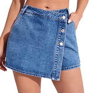 WDIRARA Women's High Waisted Button Front Denim Skort Asymmetrical Hem Wrap Jean Skirt Shorts Medium Wash M