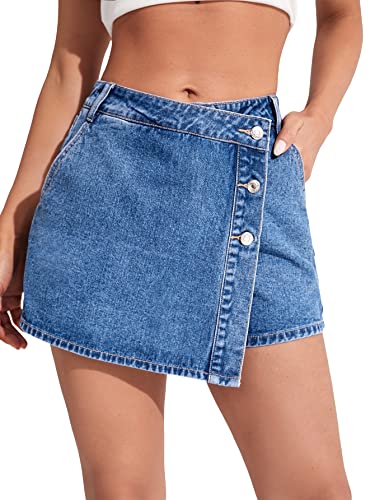 WDIRARA Women's High Waisted Button Front Denim Skort Asymmetrical Hem Wrap Jean Skirt Shorts Medium Wash M