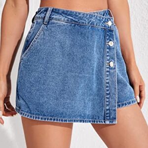 WDIRARA Women's High Waisted Button Front Denim Skort Asymmetrical Hem Wrap Jean Skirt Shorts Medium Wash M