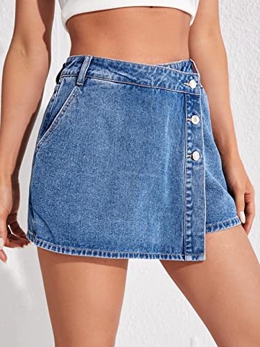 WDIRARA Women's High Waisted Button Front Denim Skort Asymmetrical Hem Wrap Jean Skirt Shorts Medium Wash M