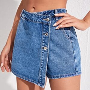 WDIRARA Women's High Waisted Button Front Denim Skort Asymmetrical Hem Wrap Jean Skirt Shorts Medium Wash M