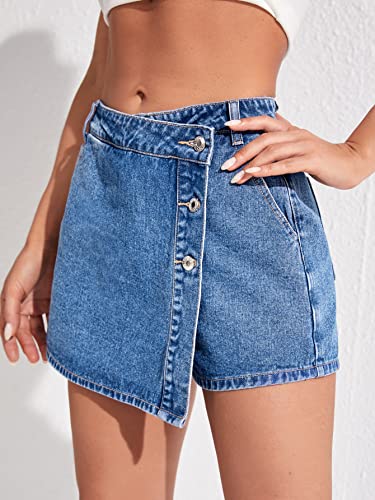 WDIRARA Women's High Waisted Button Front Denim Skort Asymmetrical Hem Wrap Jean Skirt Shorts Medium Wash M