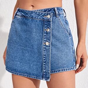 WDIRARA Women's High Waisted Button Front Denim Skort Asymmetrical Hem Wrap Jean Skirt Shorts Medium Wash M