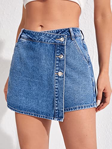 WDIRARA Women's High Waisted Button Front Denim Skort Asymmetrical Hem Wrap Jean Skirt Shorts Medium Wash M