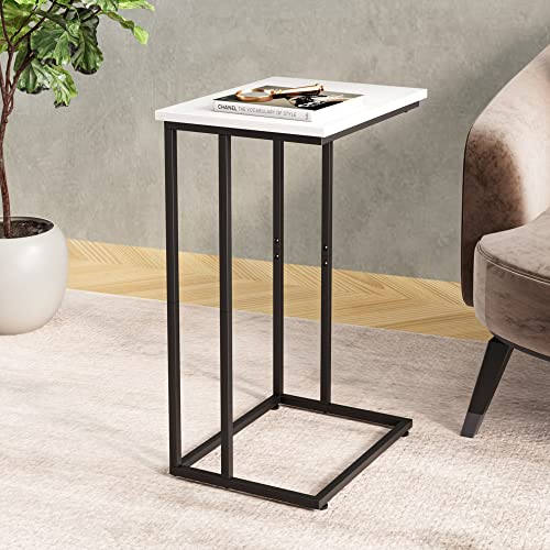 Innerjoin Wide C Side Table,C Couch Laptop Table with Metal Frames, Small Snack End Table for Sofa and Bed, Retro Laptop C Side Table, Living Room and Bedroom, Industrial Style, White